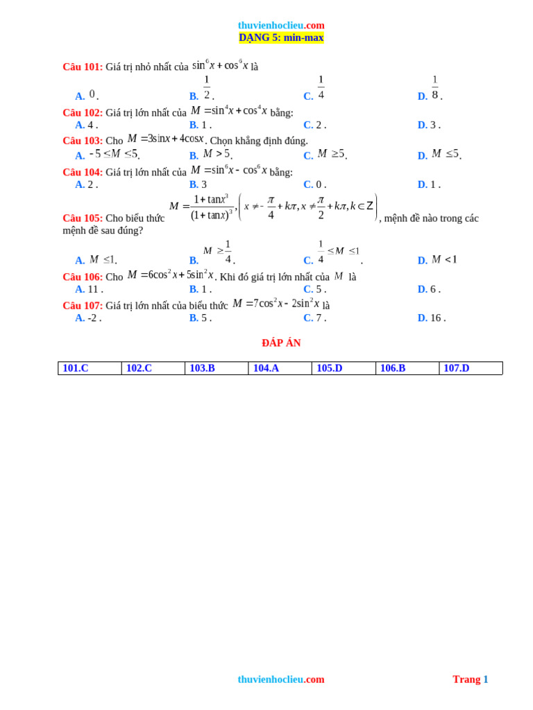 Toan 11 Dang 5 Min Max Luong Giac Tong Hop | PDF