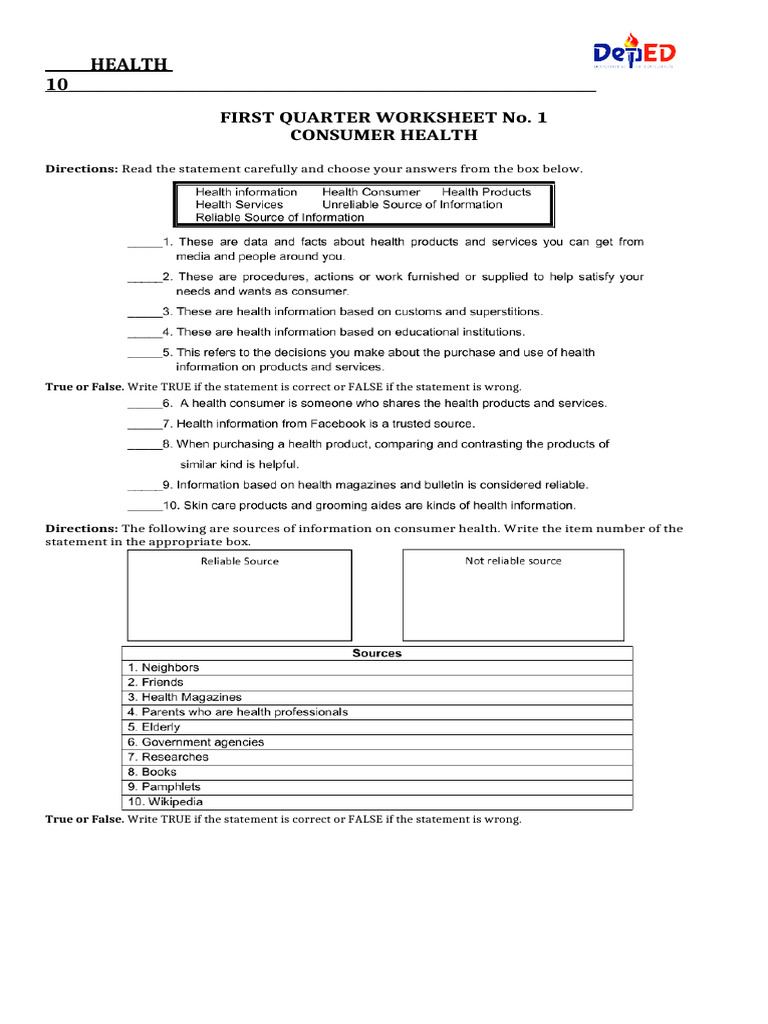 Health-10-Worksheet1 | PDF