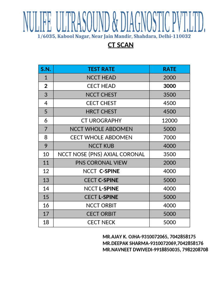 Nulife Ultrasound CT Scan Rate List | PDF