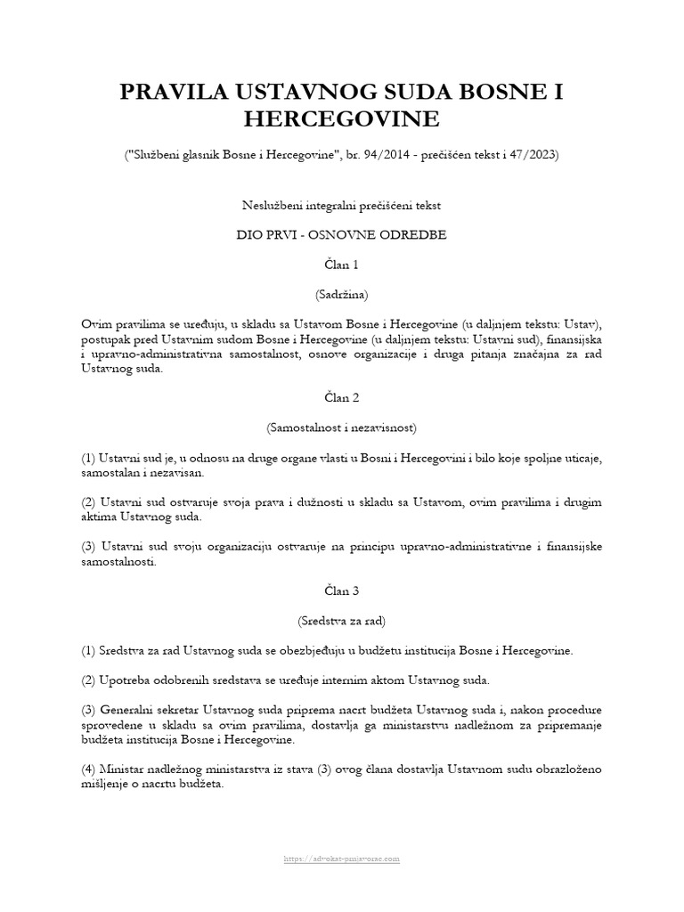 Pravila Ustavnog Suda BiH | PDF