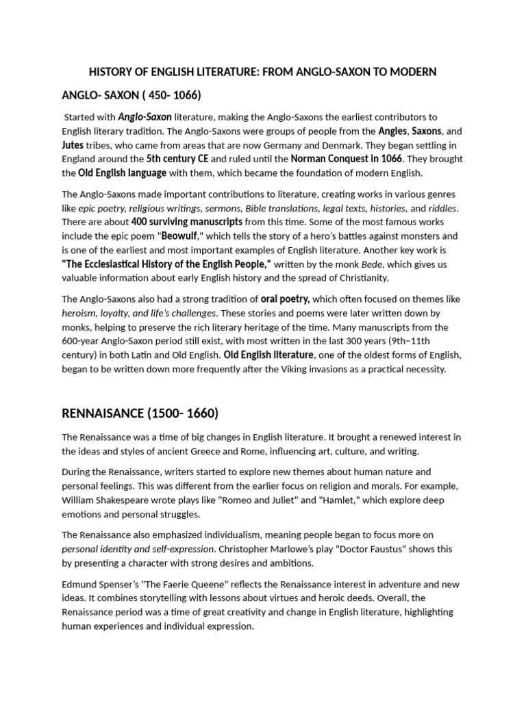 English Literature Evolution | PDF | Anglo Saxons | General Fiction