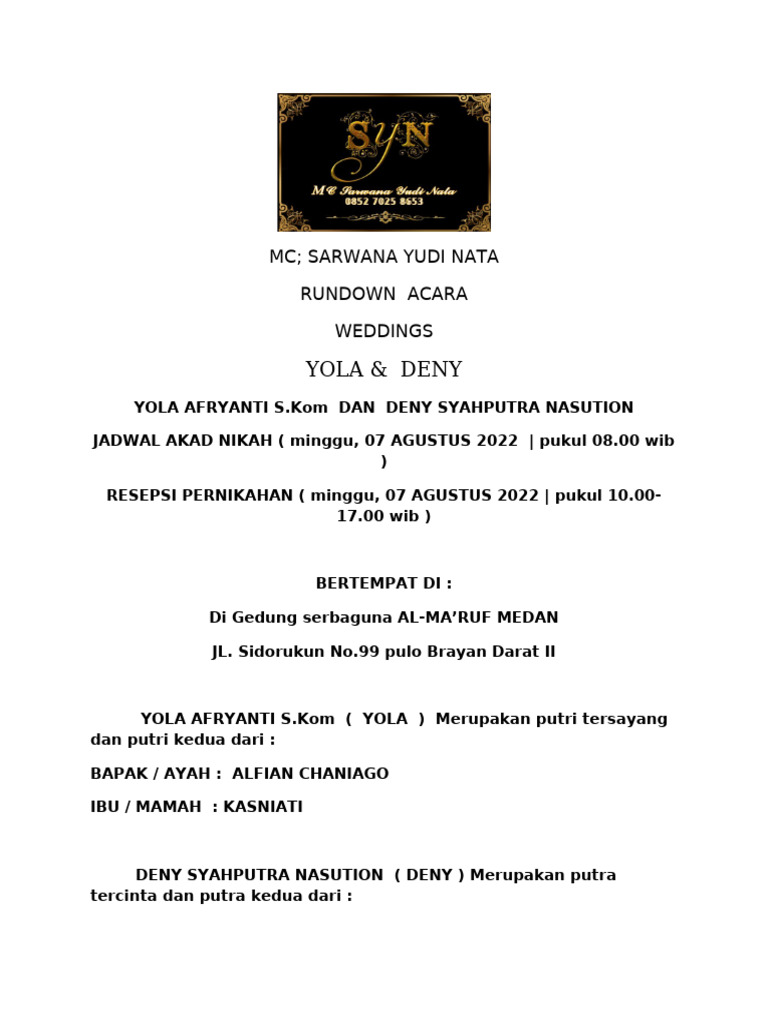 Yola & Deny (Minggu 7 Agustus 2022) | PDF