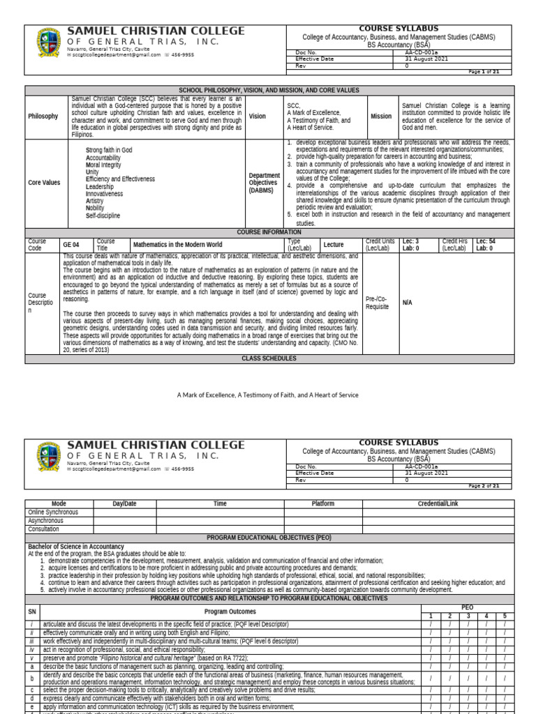 GE04 - Syllabus - AY-2023-2024 - BSPsych1ABC, MA1, A1 | PDF | Reason ...