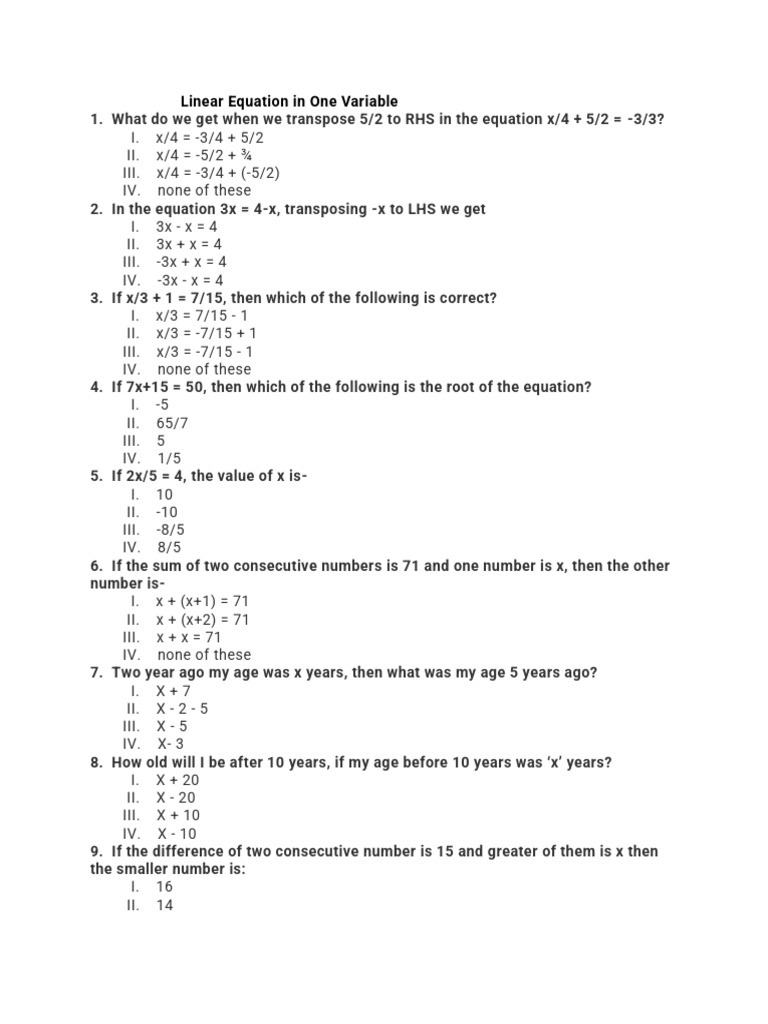 Linear Equation in One Variable | PDF | Odds | Foreign Language Studies