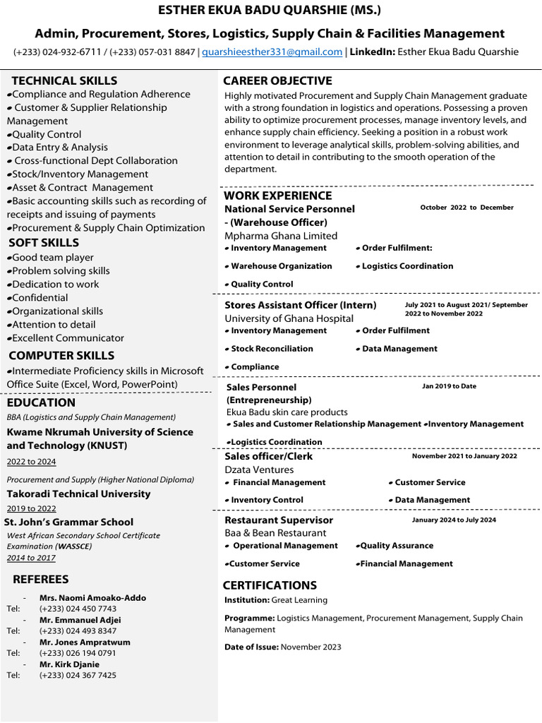 Esther Ekua Badu Quarshie 1 Page | PDF | Supply Chain | Logistics Esther Ekua Badu Quarshie 1 Page | PDF | Supply Chain | Logistics