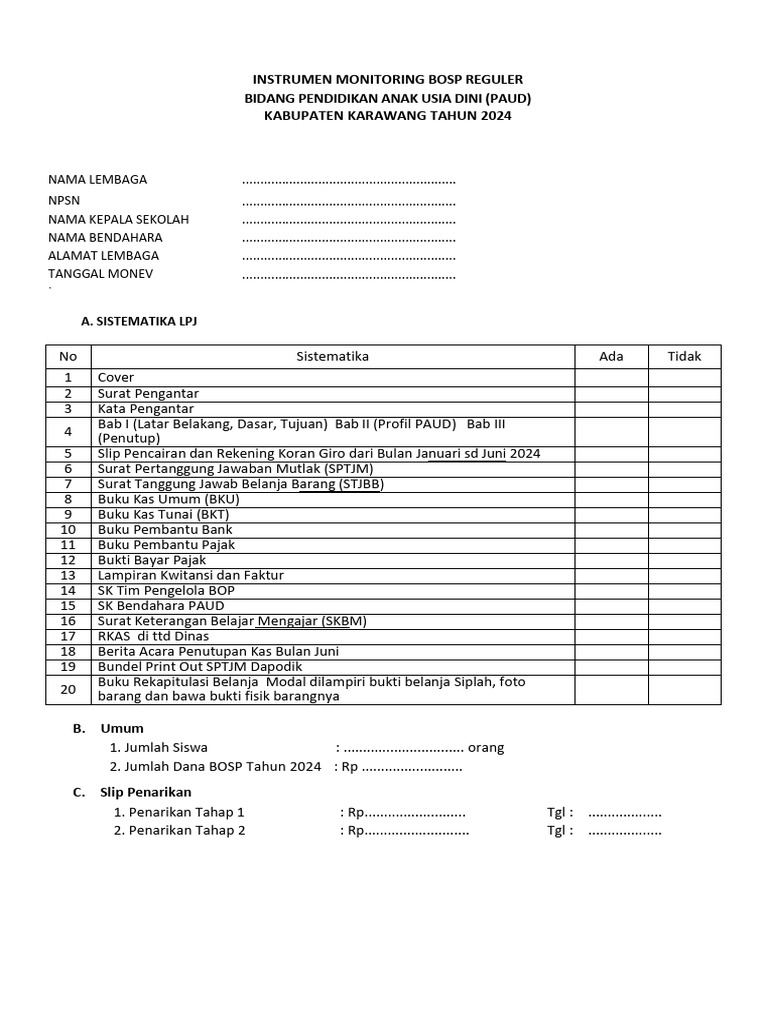 Instrumen Monev Bop Paud 2024 | PDF