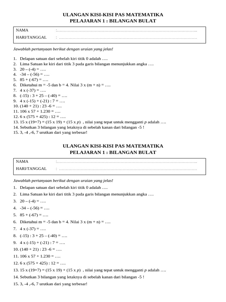 Soal Kisi-Kisi PAS MTK 2019.2020 | PDF