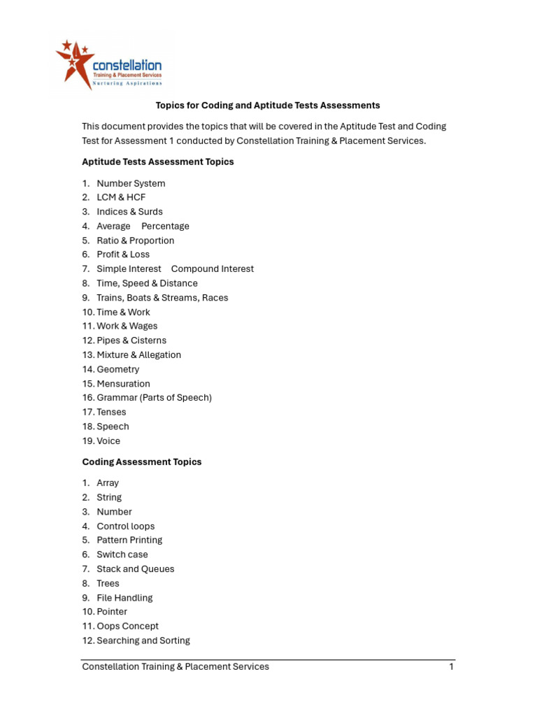 Topics For Coding and Aptitude Tests Assessments | PDF