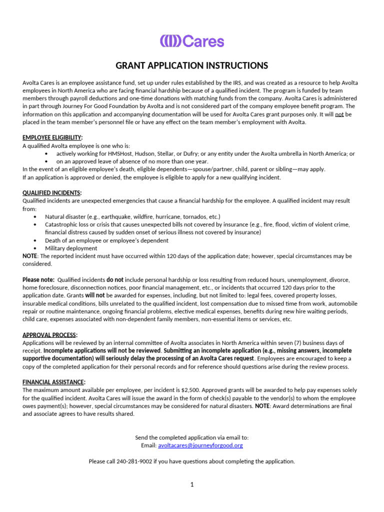 Avolta Cares Grant Application | PDF