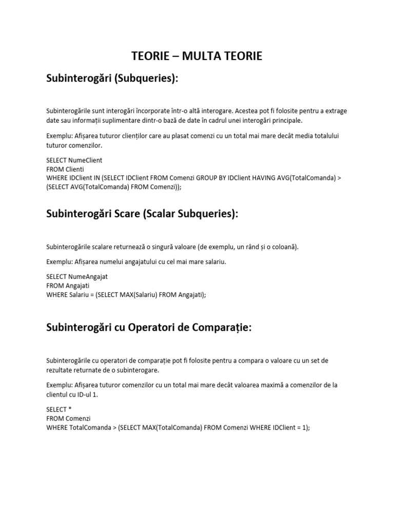 Teorie - Multa Teorie: Subinterogări (Subqueries) | PDF