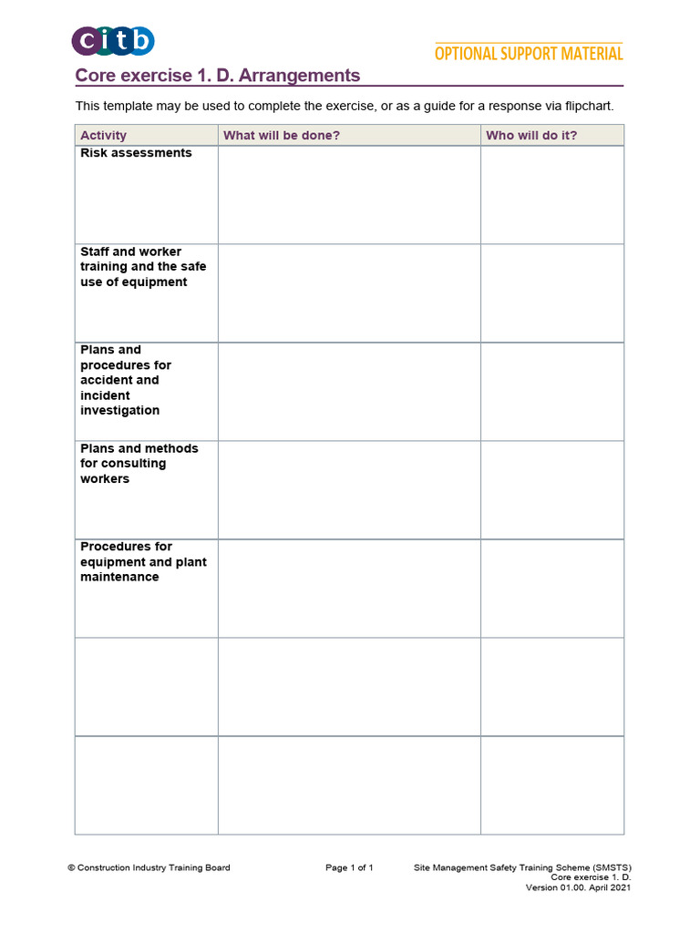 SMSTS Core Exercise 1 D Arrangements Template v01.00 | PDF