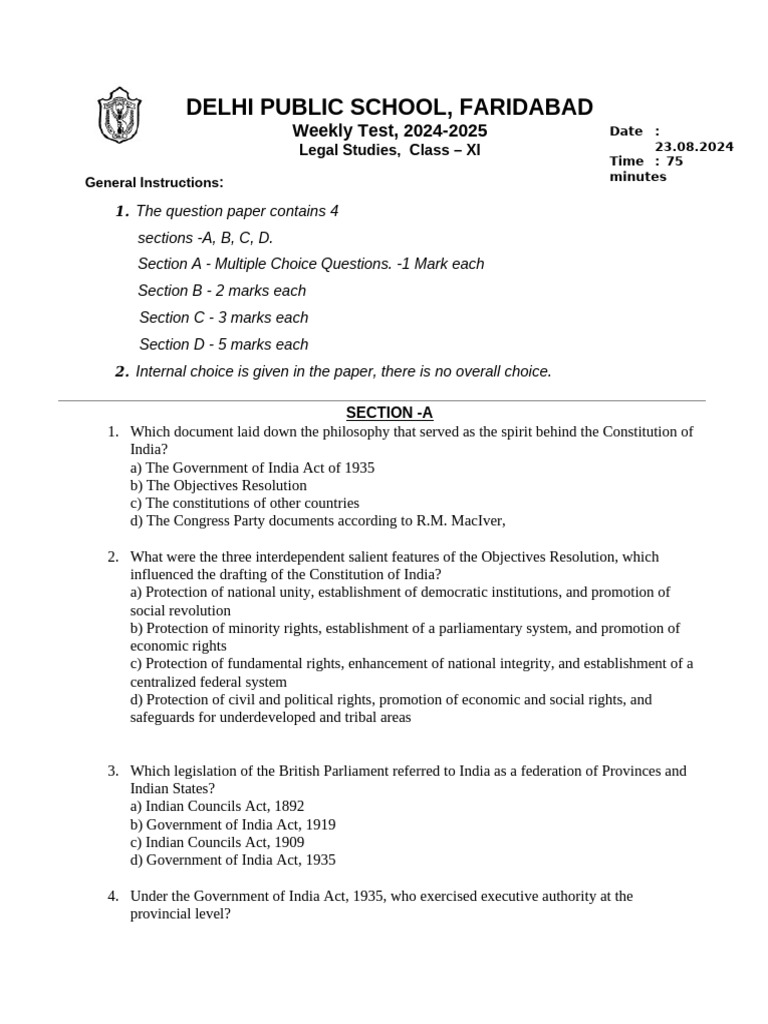 DPS Legal Studies XI Paper Weekly Test - I 23.08.2024 | PDF | Public ...