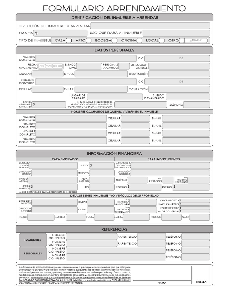 Inm Jairo Rincon Formulario de Arrendamiento | PDF | Hipotecas