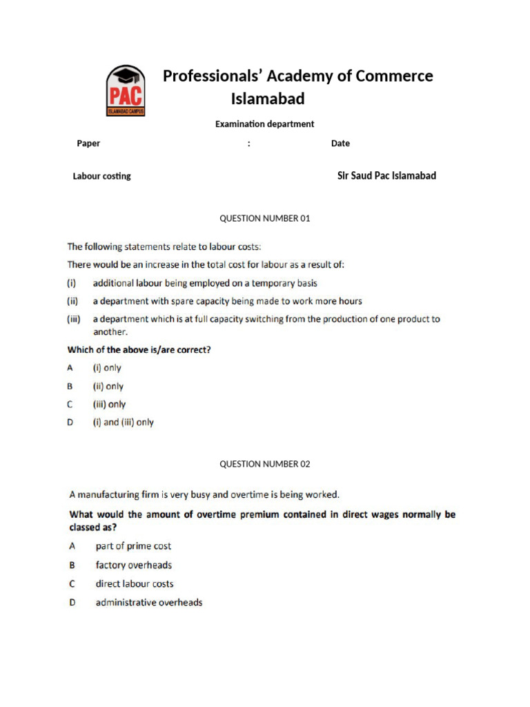Labour Costing Test | PDF