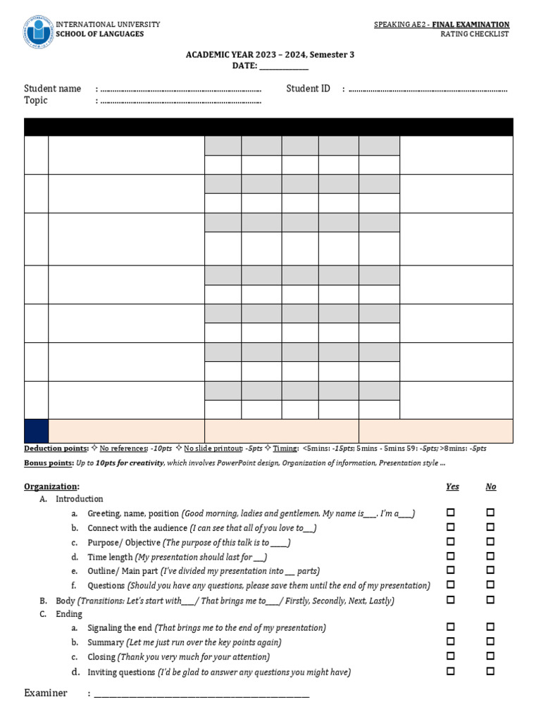 AE2 Speaking Final 2324S3 - Marksheet | PDF