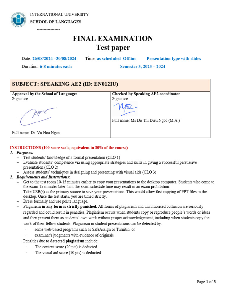 AE2 Speaking Final 2324S3 - Topic and Instructions - Signed | PDF