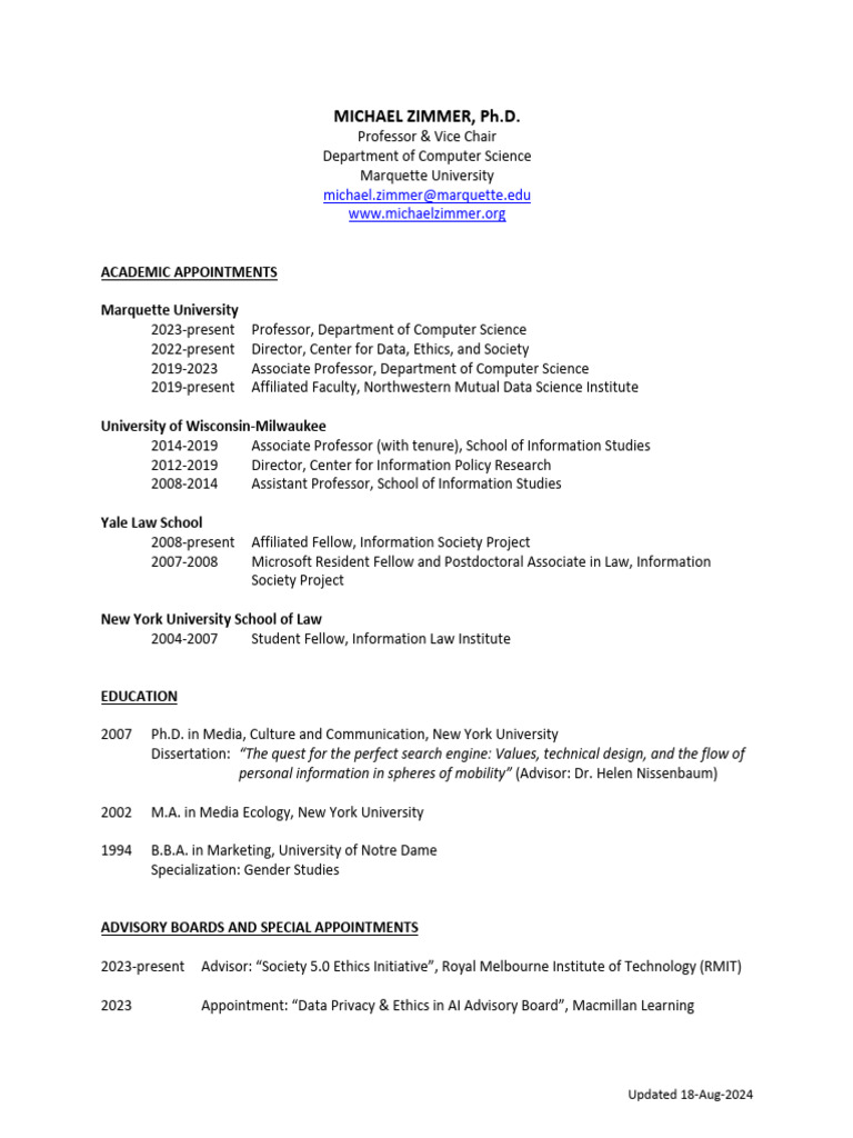 Michael Zimmer CV | PDF