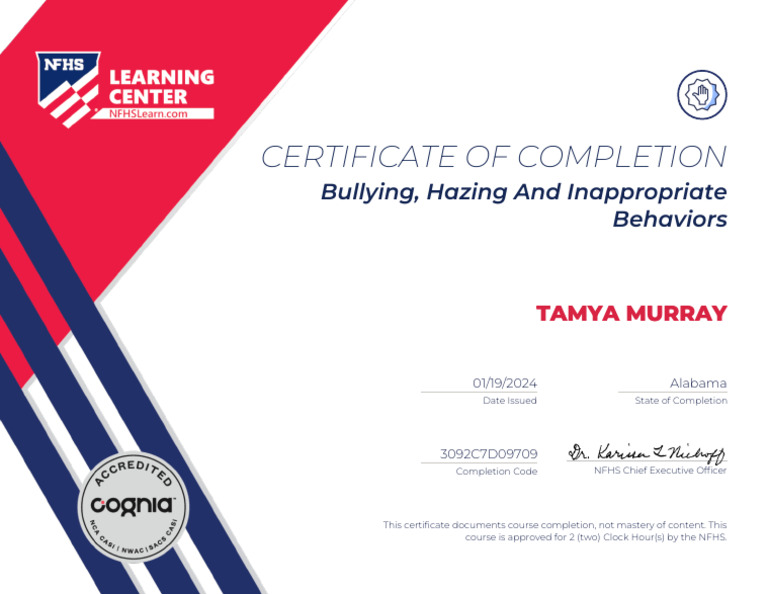 Certificate of Completion: Bullying, Hazing and Inappropriate Behaviors ...
