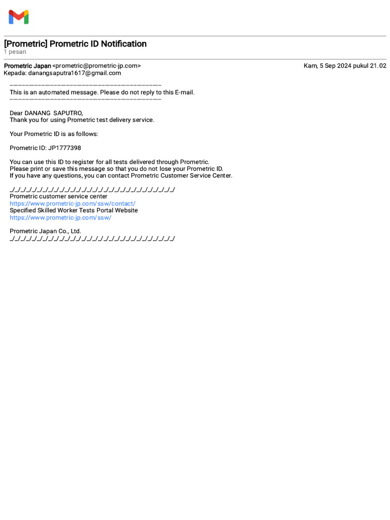 Gmail - (Prometric) Prometric ID Notification | PDF