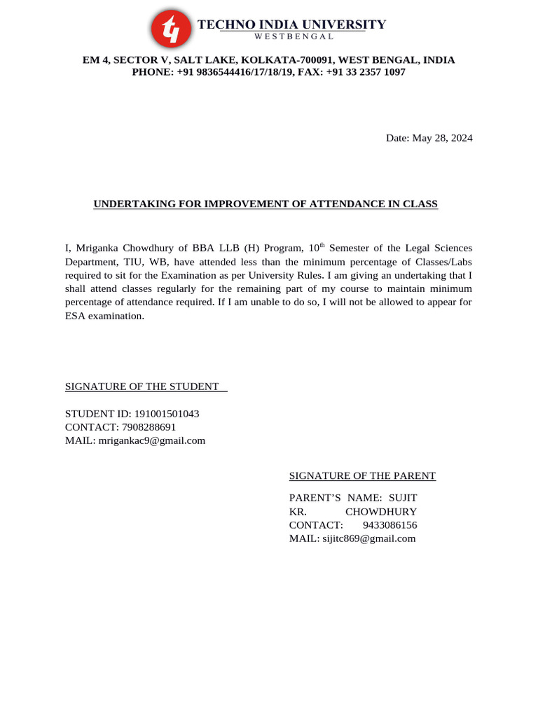 Undertaking - Low Attendance | PDF