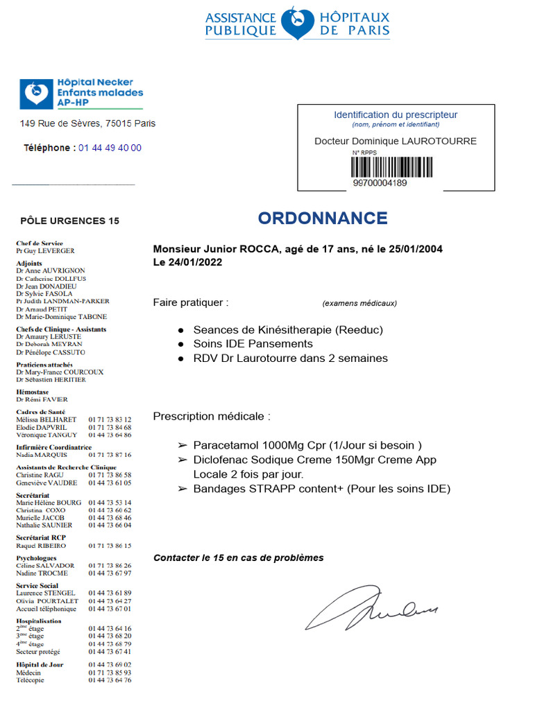 Ordonnance APHP U18 Junior Rocca | PDF