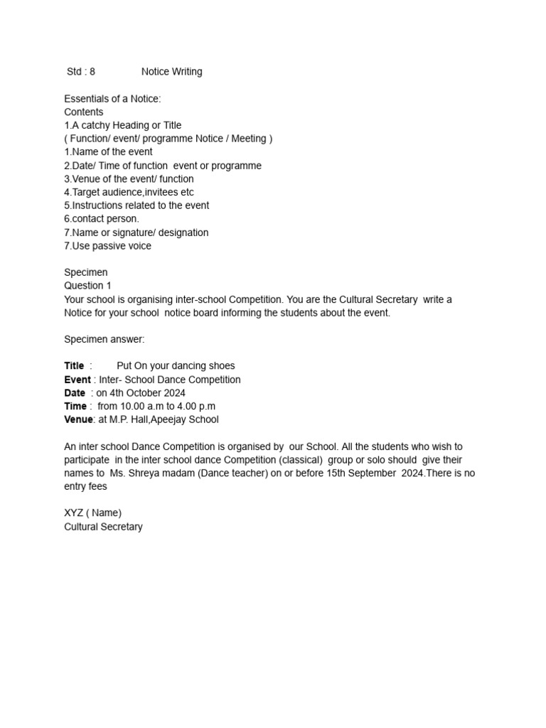 Notice Writing - Notes & Specimen | PDF