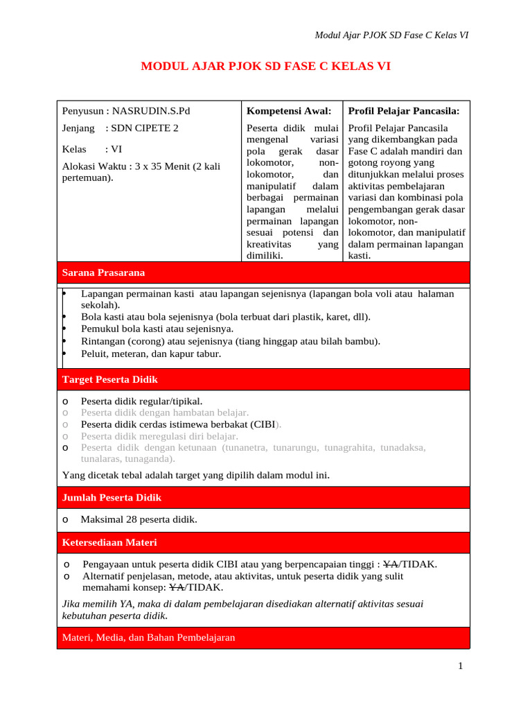 03 Pjok Modul Ajar Fase C Kelas 6 Kasti | PDF