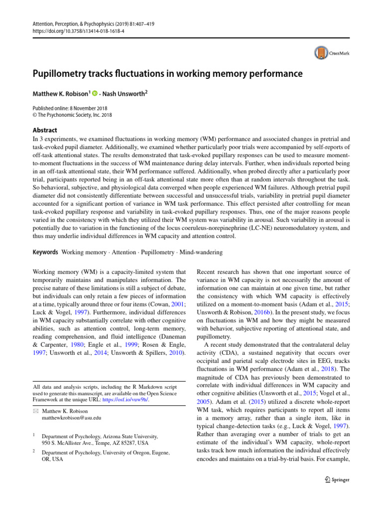Pupillometry Tracks Fluctuations in Working Memory Performance | PDF | Working Memory | Neuroscience