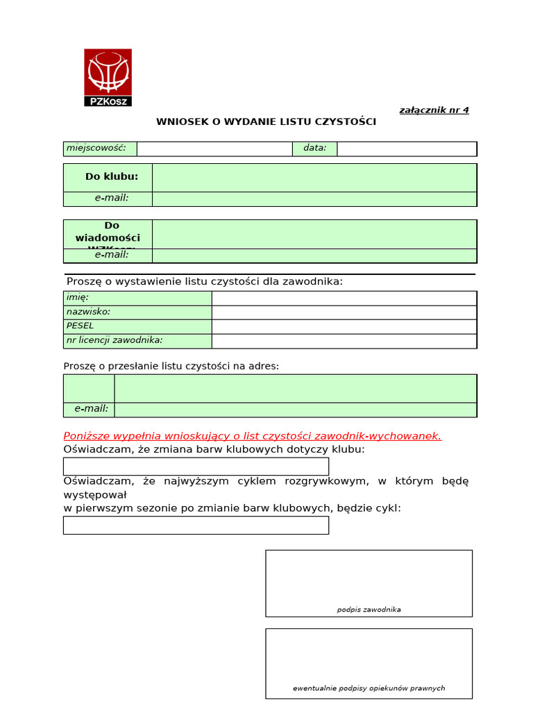 Zal 4 Wniosek o List Czystosci | PDF