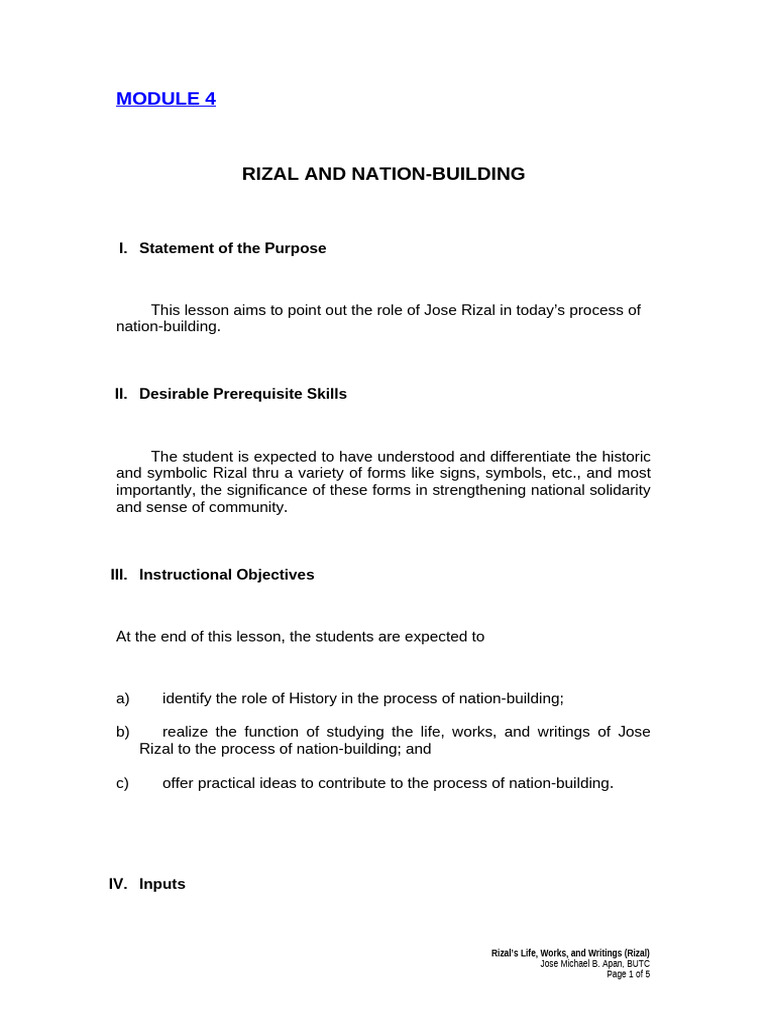 Rizal Module 4 Rizal and Nation Building | PDF