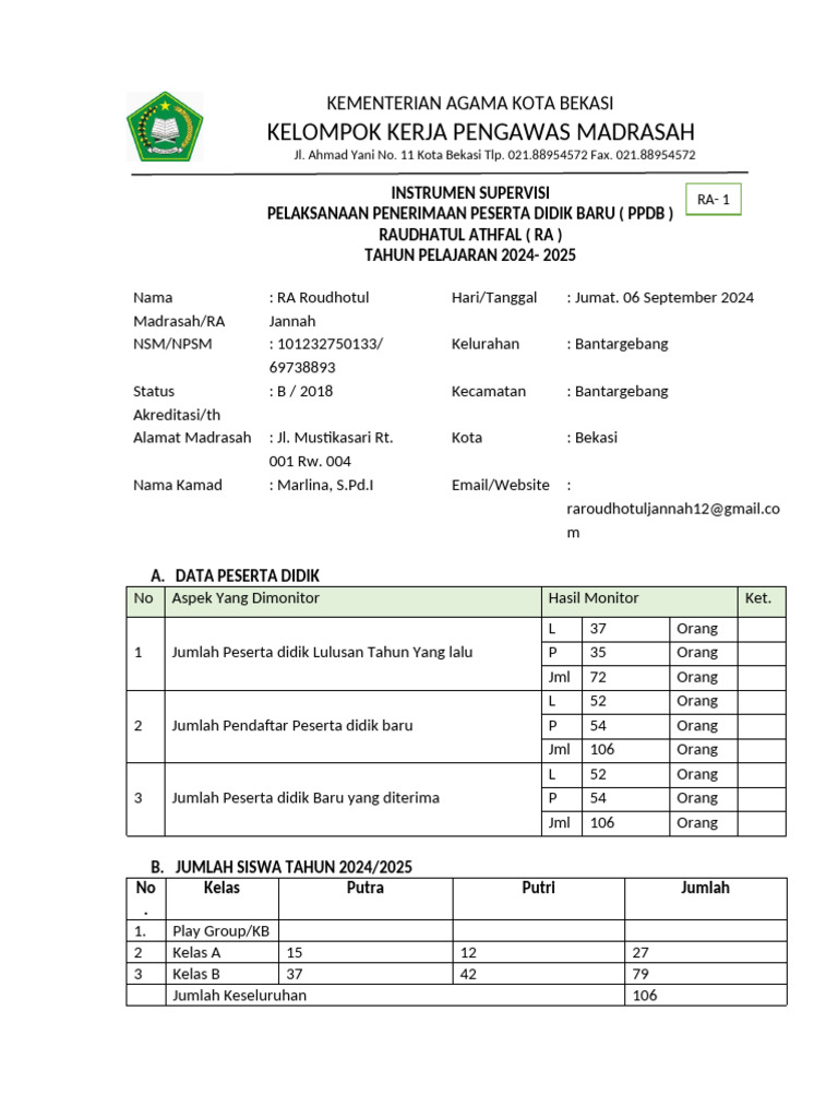 INSTRUMEN PPDB RA TAHUN 2024 Umi | PDF
