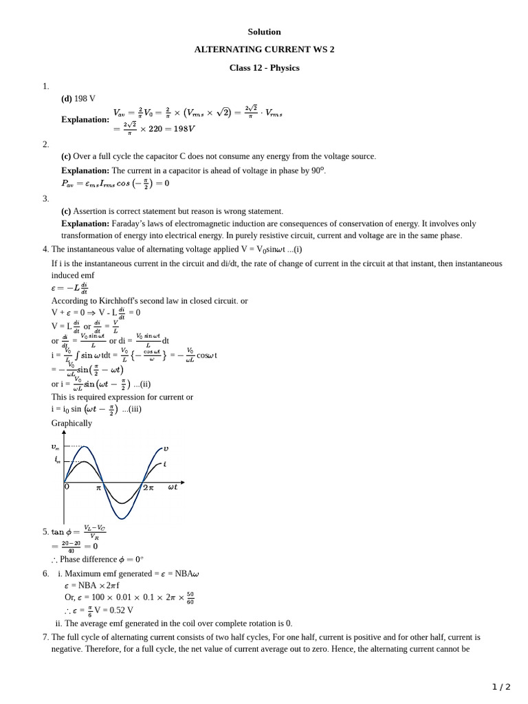 Alternating Current Ws 2 Sol Representation Of Ac Current And Voltage Pdf