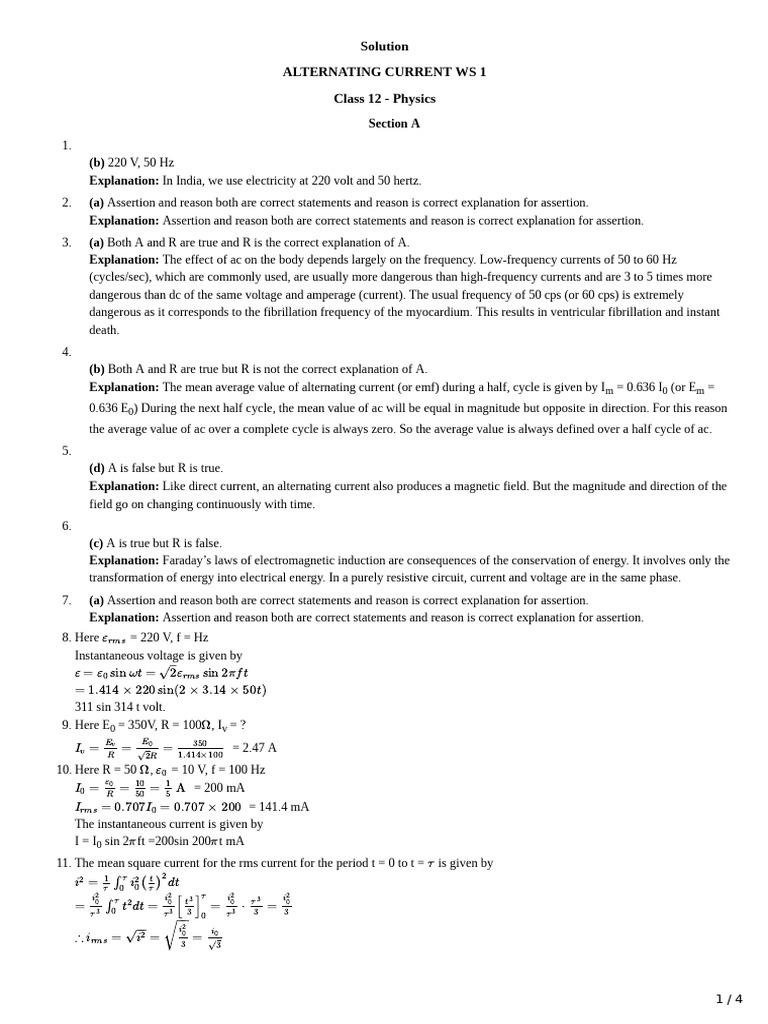 Alternating Current Ws 1 Sol Ac Voltage Applied To A Resistor Pdf