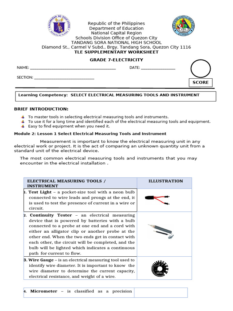 WORKSHEET_Select-electrical-measuring-tools-and-instrument | PDF