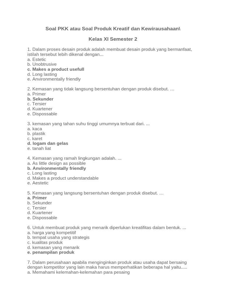 Soal PKK Atau Soal Produk Kreatif Dan Kewirausahaan | PDF