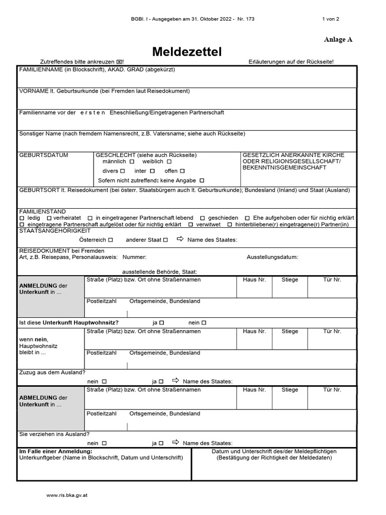 Anlage a MeldeG Meldezettel 2023 | PDF