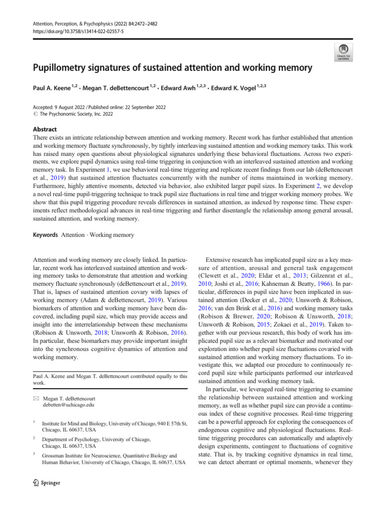 Pupillometry Signatures of Sustained Attention and Working Memory | PDF