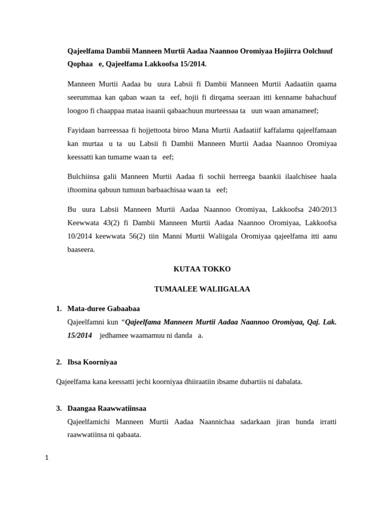Qajeelfama Mana Murtii Aadaa 15 Bara 2014 | PDF