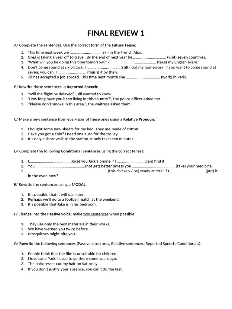 Final Review All Tests | PDF