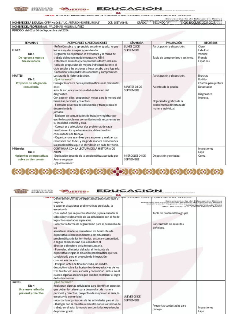 Planeacion Semana 2 Semana de Inicio 2-6 Sep 24 VMS | PDF