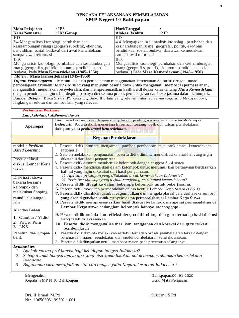 RPP BAB 4 Kelas 9, IPS | PDF
