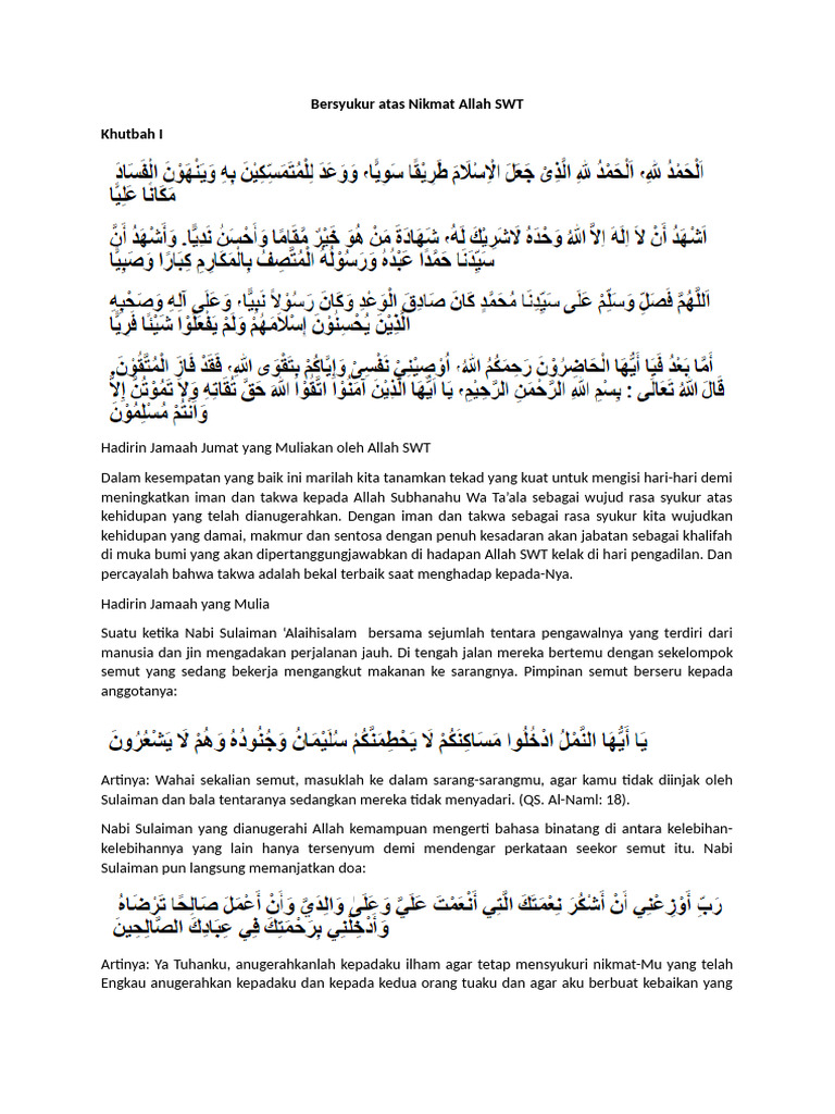 Khotbah Bersyukur Atas Nikmat Allah SWT | PDF