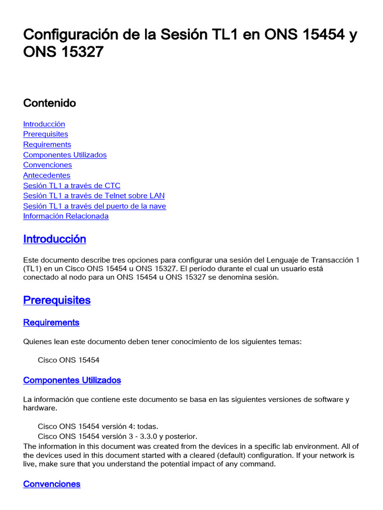 Configuración de La Sesión TL1 en ONS 15454 y ONS 15327: Contenido | PDF