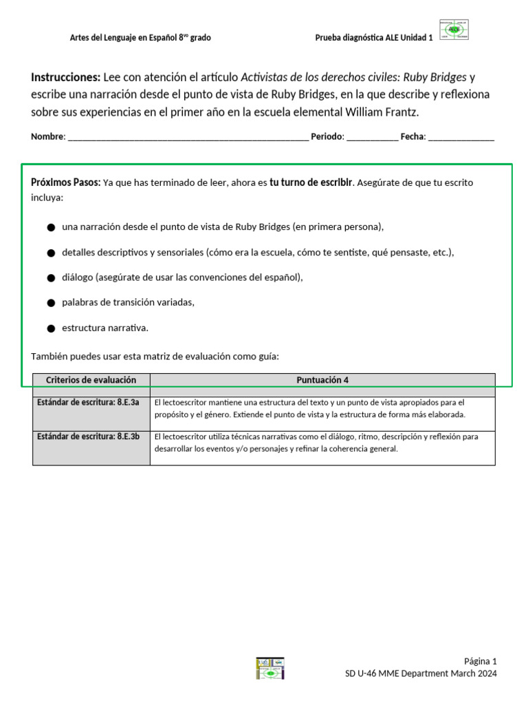 Prueba Diagnóstica Unidad 1 8vo Grado | PDF