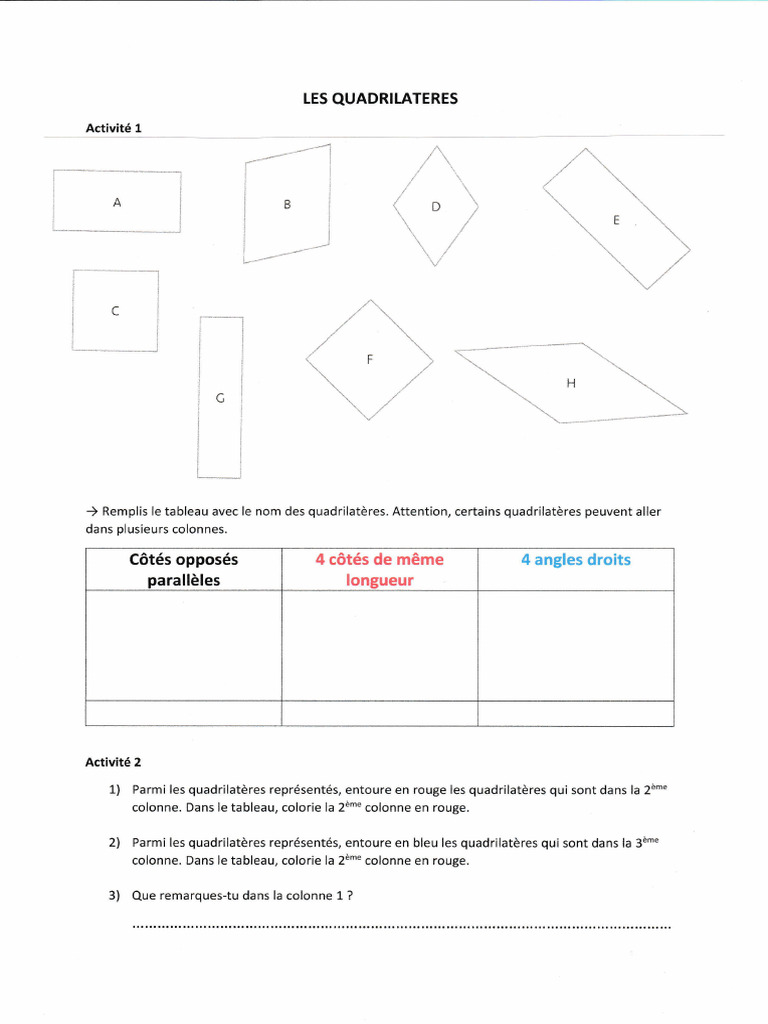 Activité Caractéristiques Des Quadrilatères | PDF