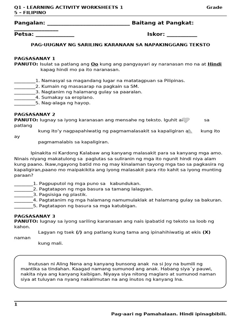 Pangalan: - Baitang at Pangkat: - Petsa: - Iskor | PDF | Home & Garden