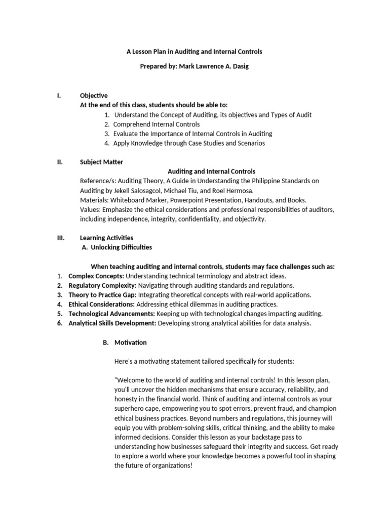 Auditing Lesson Plan | PDF | Internal Control | Business
