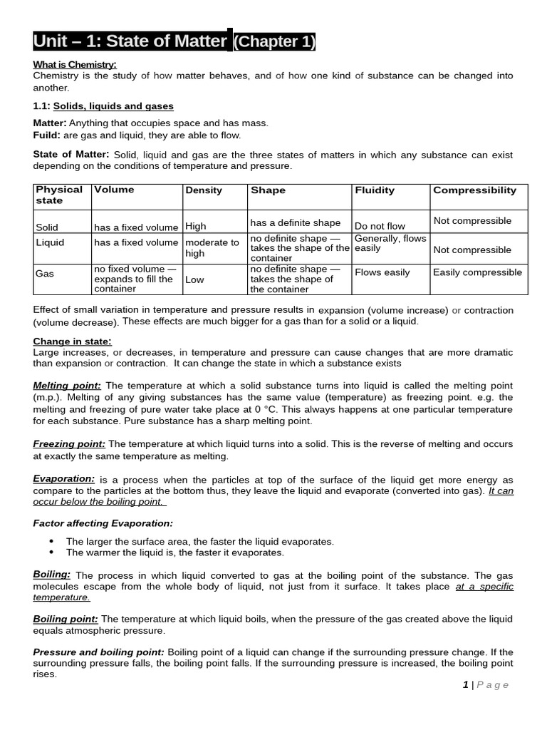 Chemistry-Unit 1 - State of Matter - (CH 1) | PDF