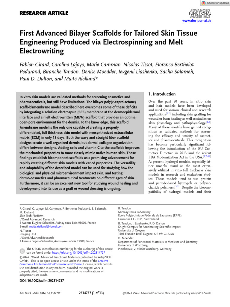 Adv Funct Materials - 2024 - Girard - First Advanced Bilayer Scaffolds For Tailored Skin Tissue ...