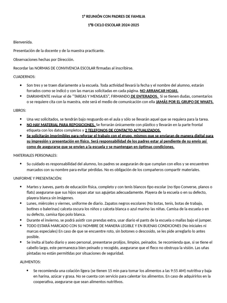 1°REUNIÓN CON PADRES DE FAMILIA. | PDF